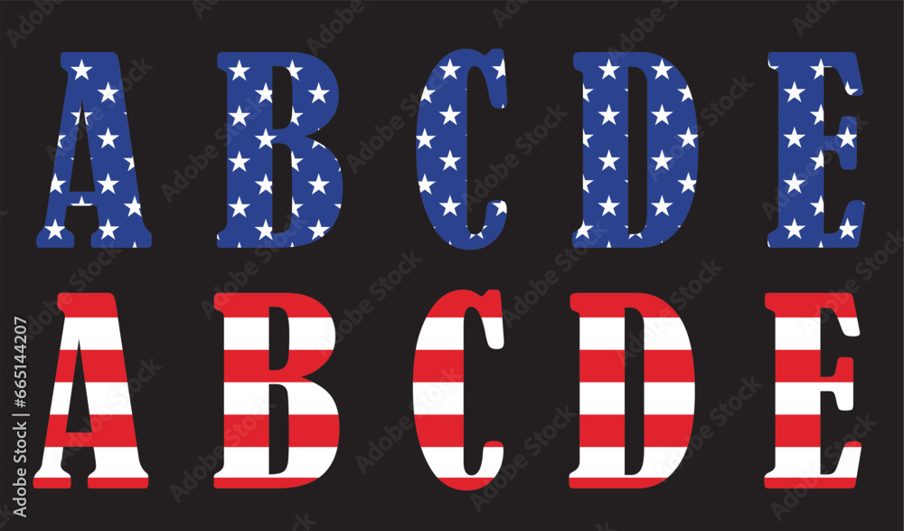 Vector font on the background of national flag of usa. A set of letters ...