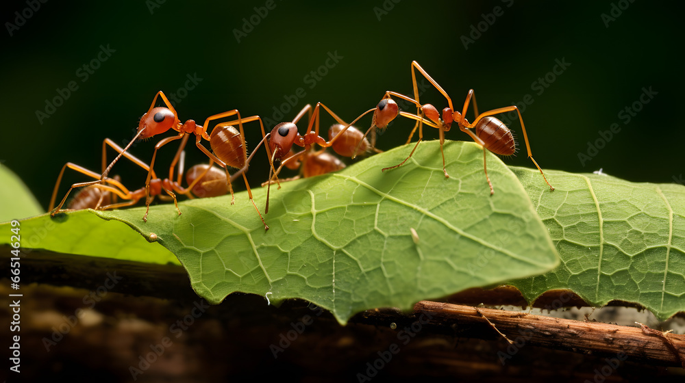 Leaf-cutter ants diligently carrying sections of leaves to their colony ...