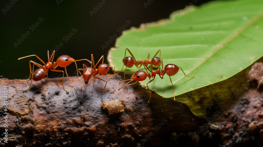 Leaf-cutter ants diligently carrying sections of leaves to their colony ...