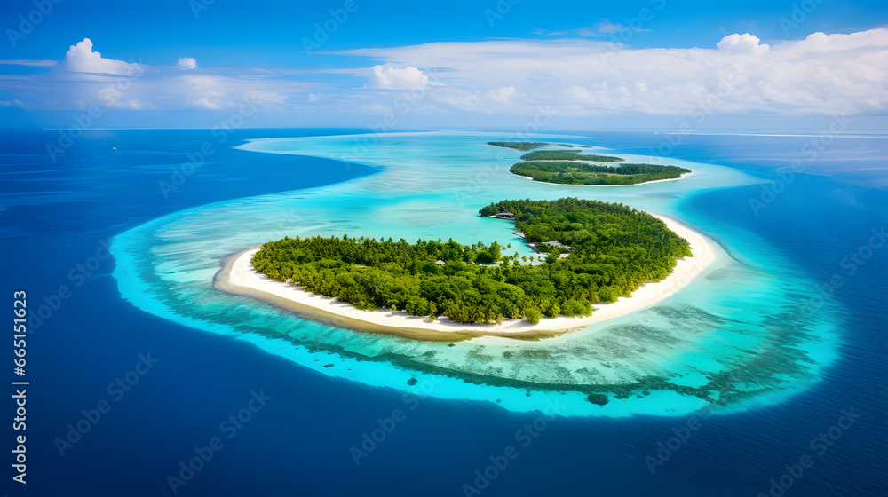 Aerial view of a Maldivian atoll with turquoise waters, desktop ...