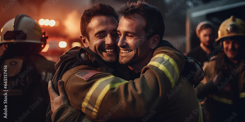 Firefighters celebrating, saved the day, hugging each other, natural ...