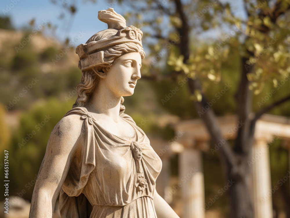 an ancient Greek marble statue of Athena, frontal view, standing in an ...