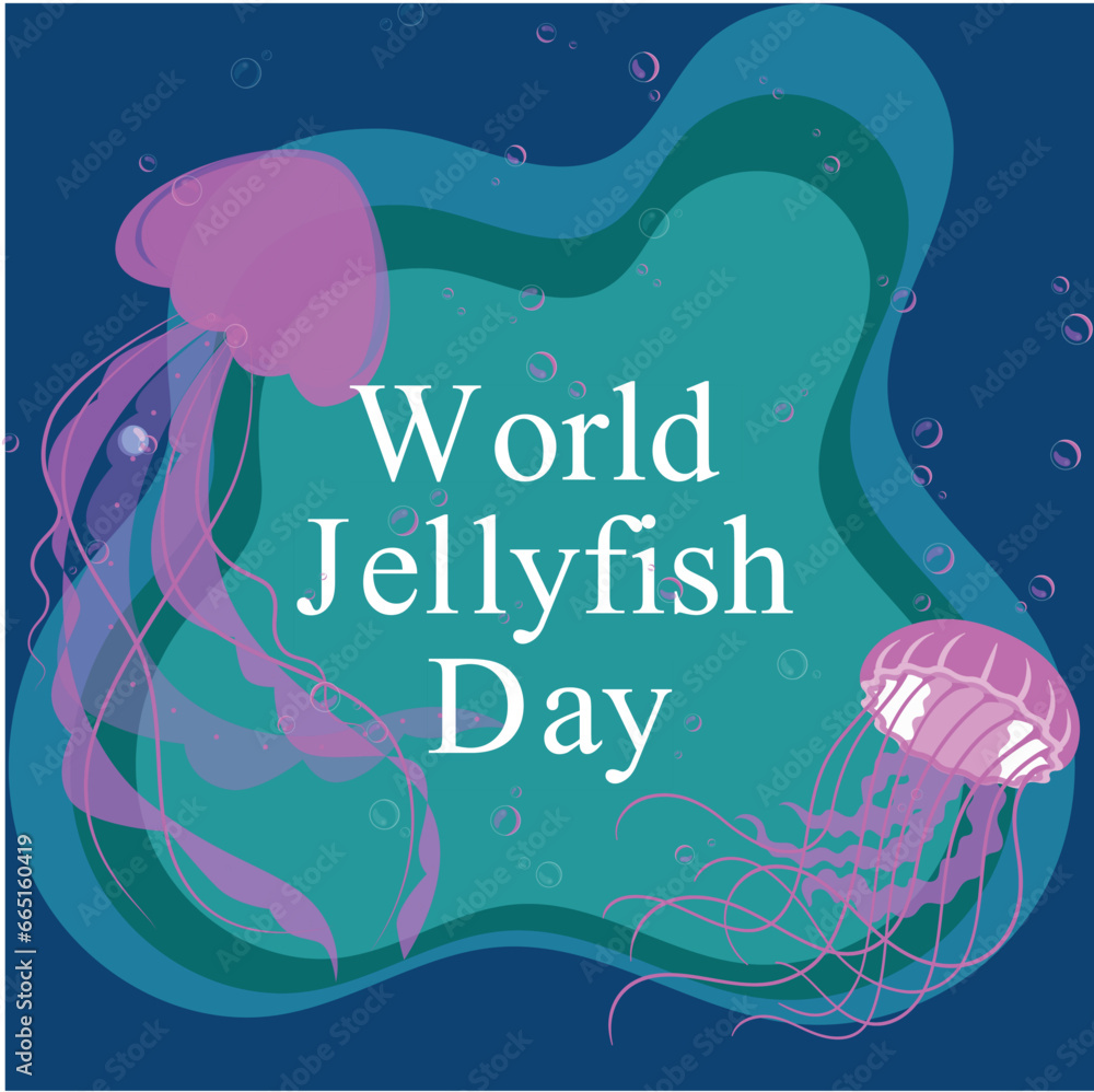 World Jellyfish Day greeting card, illustration with cute cartoon-style ...
