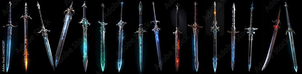 In an ultra-wide collage, fantasy swords take center stage, each one ...