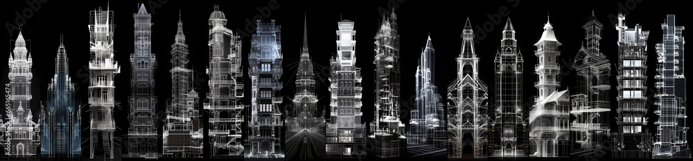 An ultra-wide collage featuring white wire-frame buildings, where ...