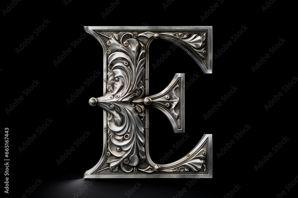 Old silver font design, alphabet letter E with metal texture and ...