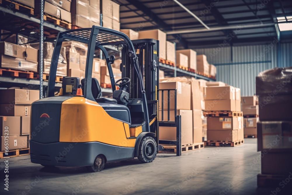 Forklift loader in warehouse. Distribution warehouse. Industrial ...