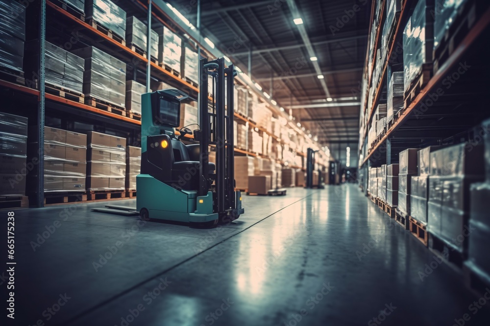 Forklift loader in warehouse. Distribution warehouse. Industrial ...