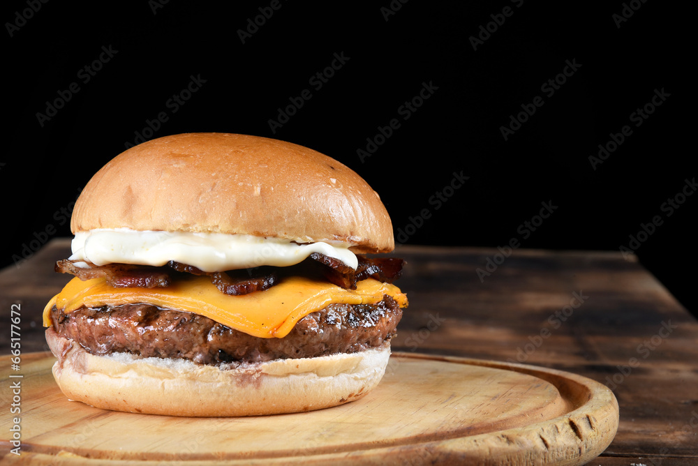 sandwich with beef burger on brioche bread salad egg and bacon street food fast food Stock Photo ...