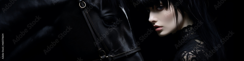 Spellbinding closeup of goth girl with black horse, minimalist, eternal ...