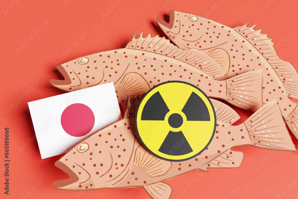 Paper cuttings of grouper fish, radiation warning sign and label of ...