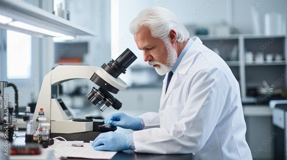 Scientist in white lab coat examining a sample under a microscope in a ...