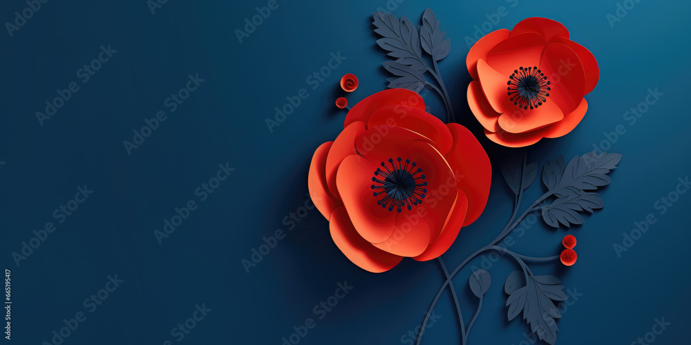 Banner with paper cut red poppy flower, symbol for remembrance ...