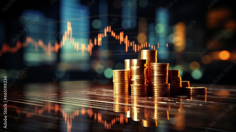 Financial and economy backdrop concept. Golden coins with stock market ...