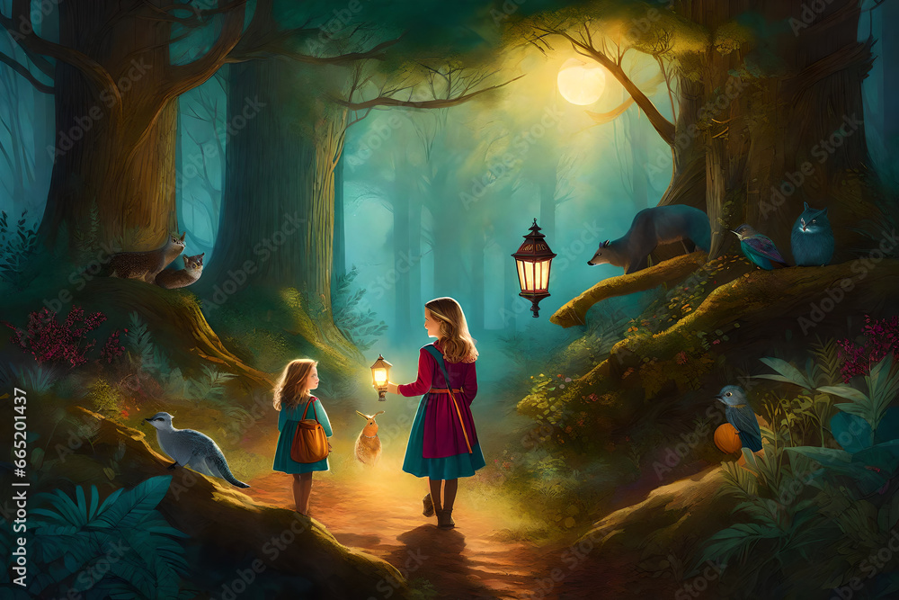 A whimsical children's book cover featuring a magical forest, playful ...