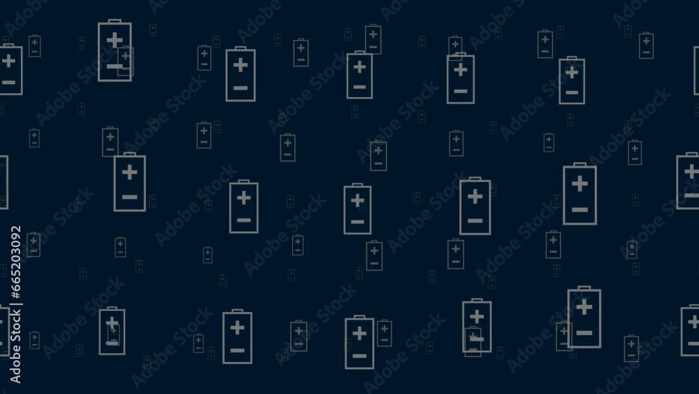 Battery symbols float horizontally from left to right. Parallax fly effect. Floating symbols are ...