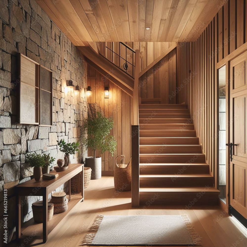 Wooden staircase and stone cladding wall in rustic hallway. Cozy home ...