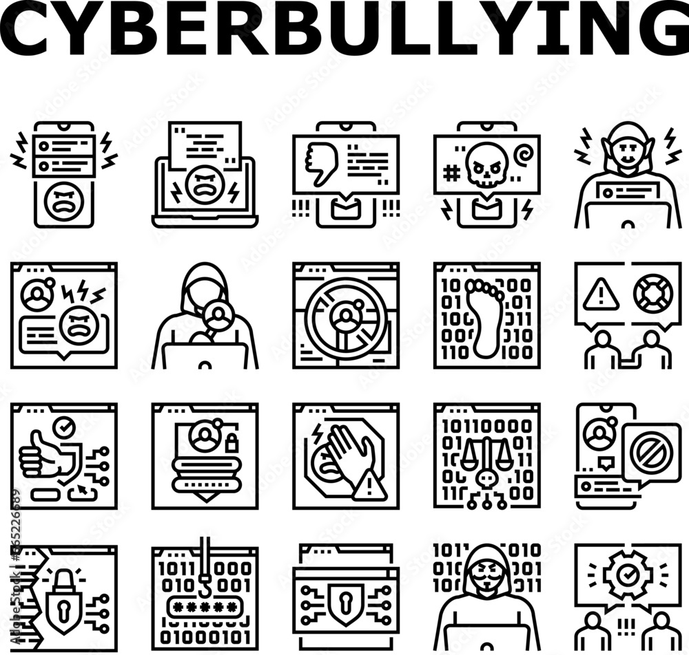 cyberbullying cyber online icons set vector. bully abuse, internet ...