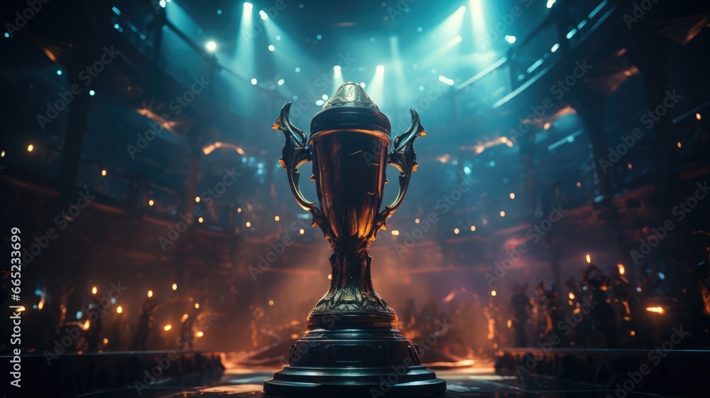 The esports winner trophy standing on the stage in the middle of the ...