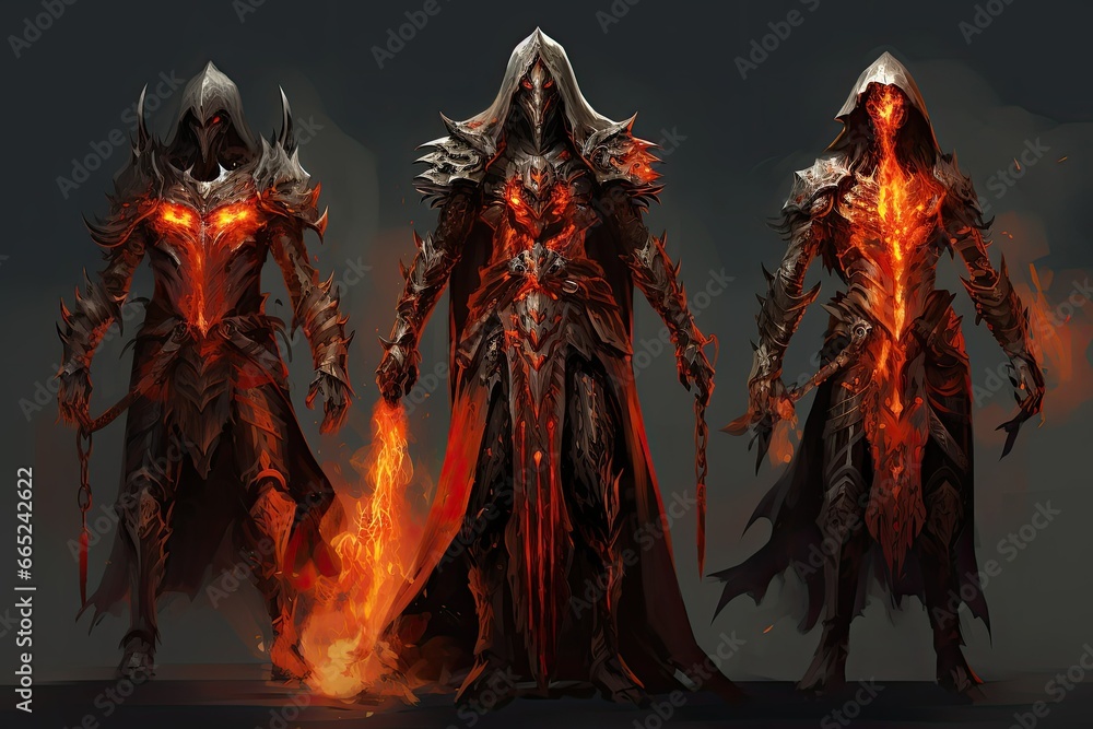 Fantasy monsters with fire on a dark background, 3d rendering, Warriors ...