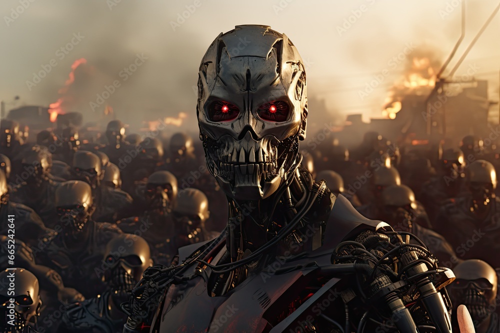 A steampunk robot on the background of a burning building, a group of ...