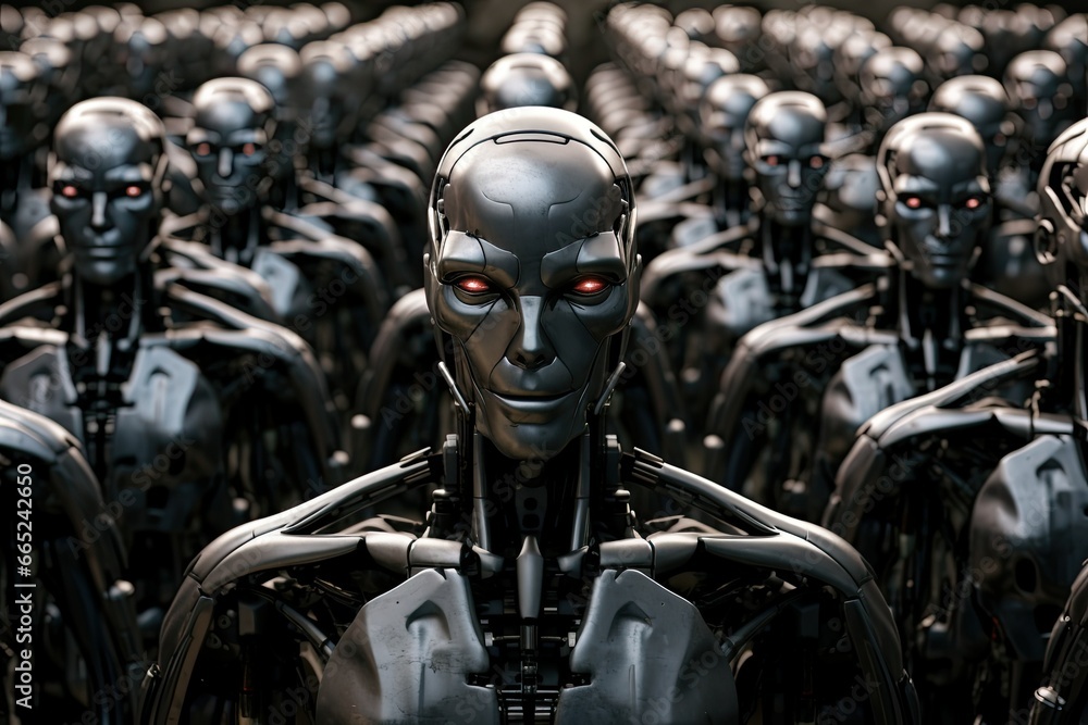 3D rendering of a group of cyborgs in the factory, Metallic Legion ...