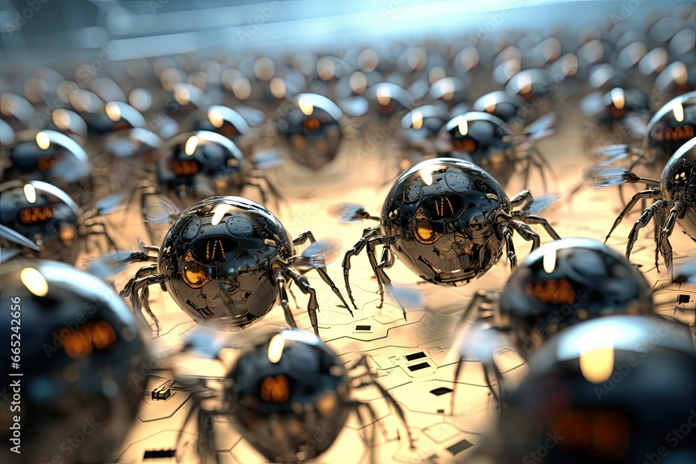 robotic spiders, Robotic Swarm, 3D render of a group of spiders with ...