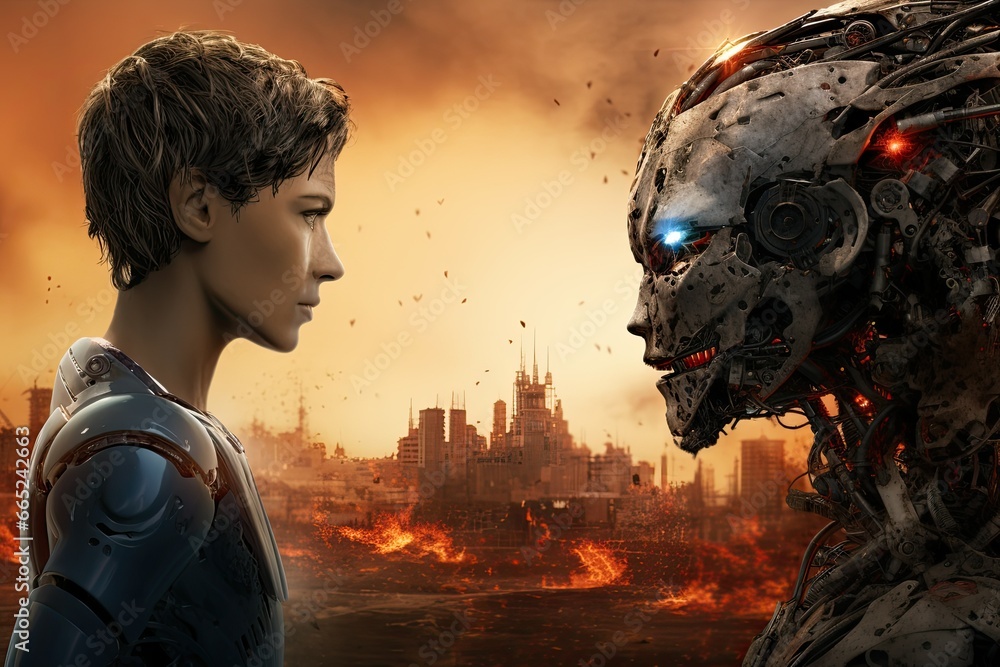 Cyborg woman and robotic man in front of a burning city, 3D rendering ...