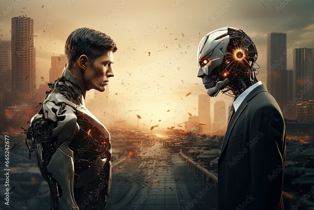 Cyborg man and robot on abstract city background, 3D rendering ...