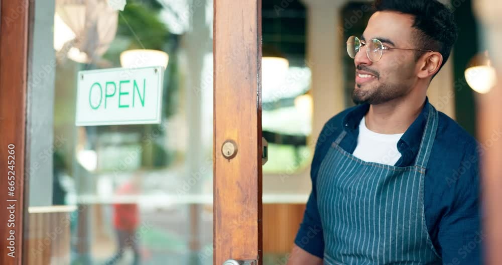Door closed sign, smile and restaurant man, startup business owner or ...