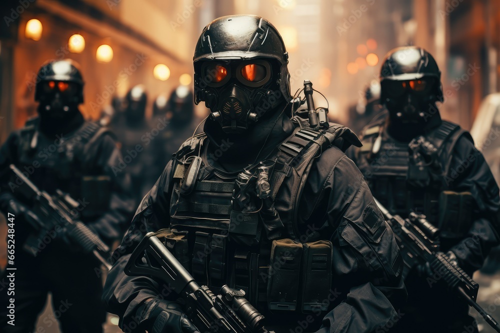 Spec ops police officers in action during a riot in an urban ...