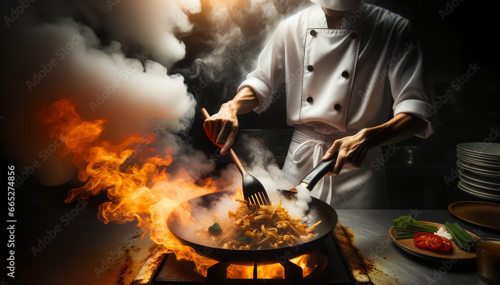 The image depicts a chef, dressed in a white uniform and hat, cooking ...