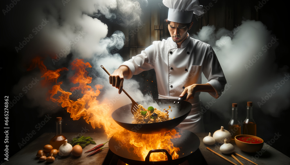 The image depicts a chef, dressed in a white uniform and hat, cooking ...