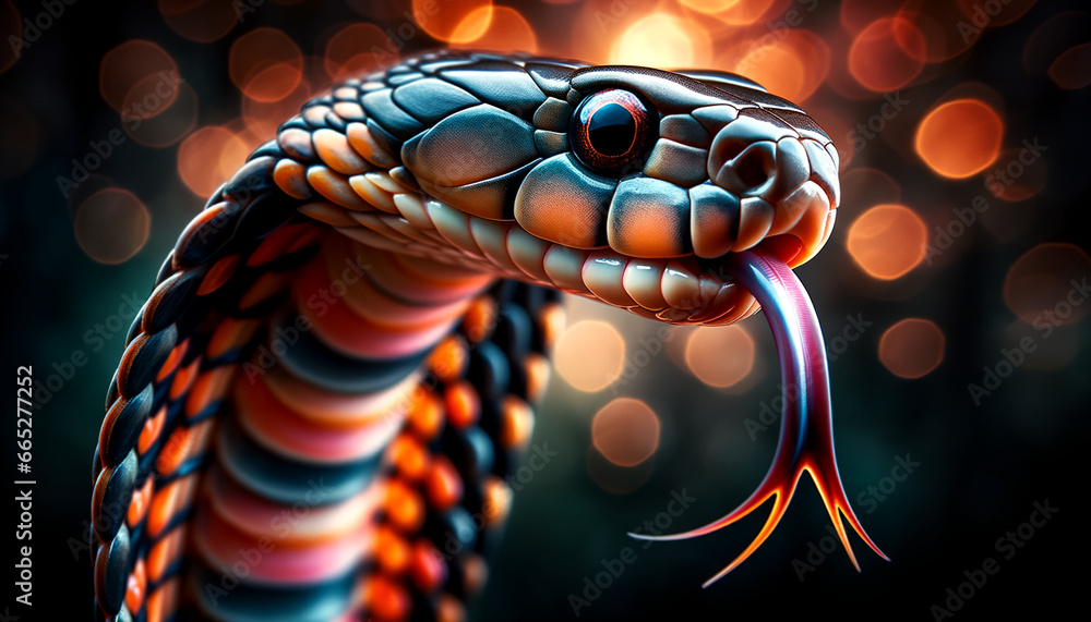 It's a vivid close-up of a snake's head, showcasing its intricate ...