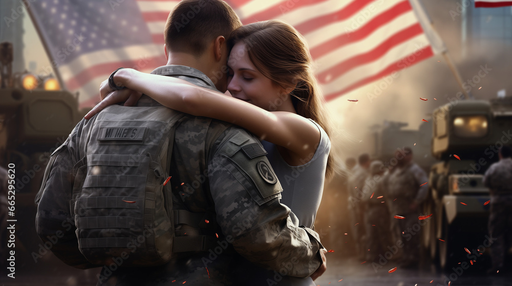 Happy military homecoming a man and woman hug each other while soldiers ...