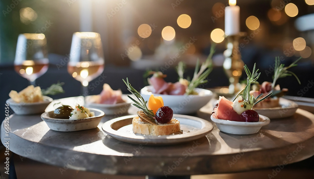 Elegant and select restaurant table Tapas and appetizers, assorted ...