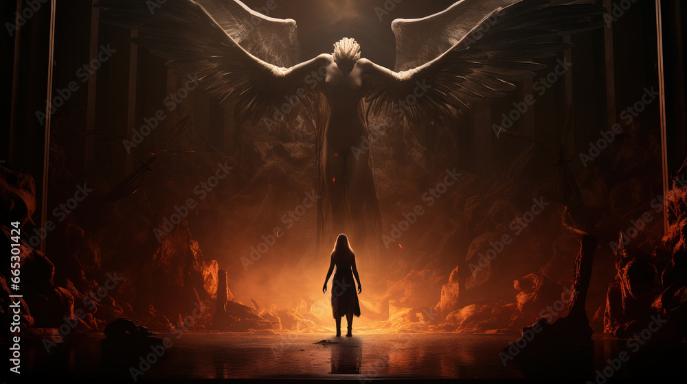 Darkness and light. Demonic angelic being appearing to a woman in a ...