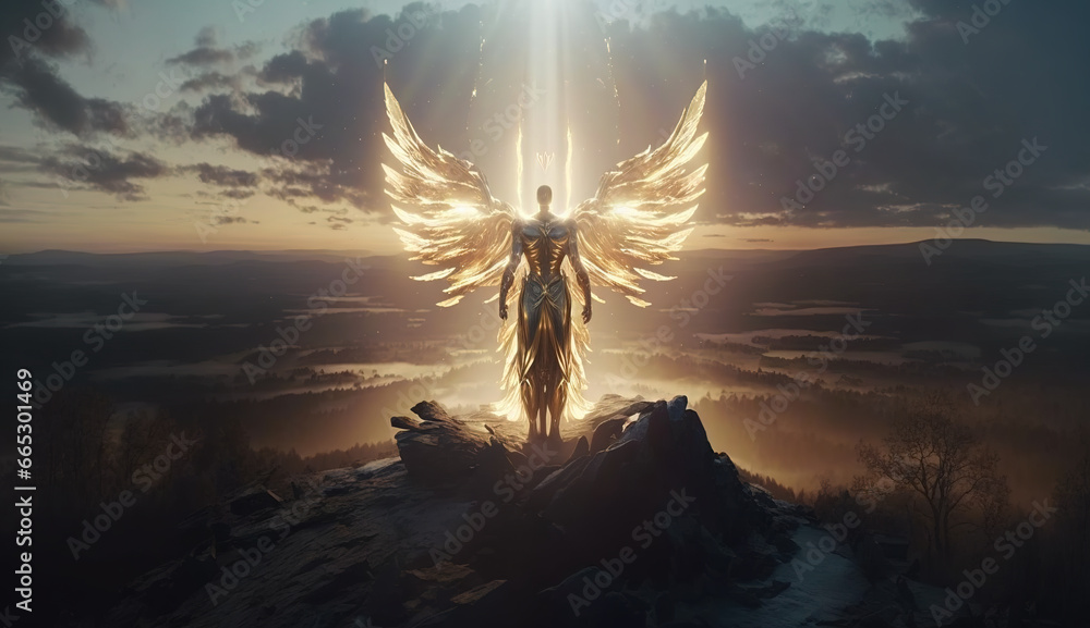 Powerful angel standing on a mountain peak in glowing golden light ...