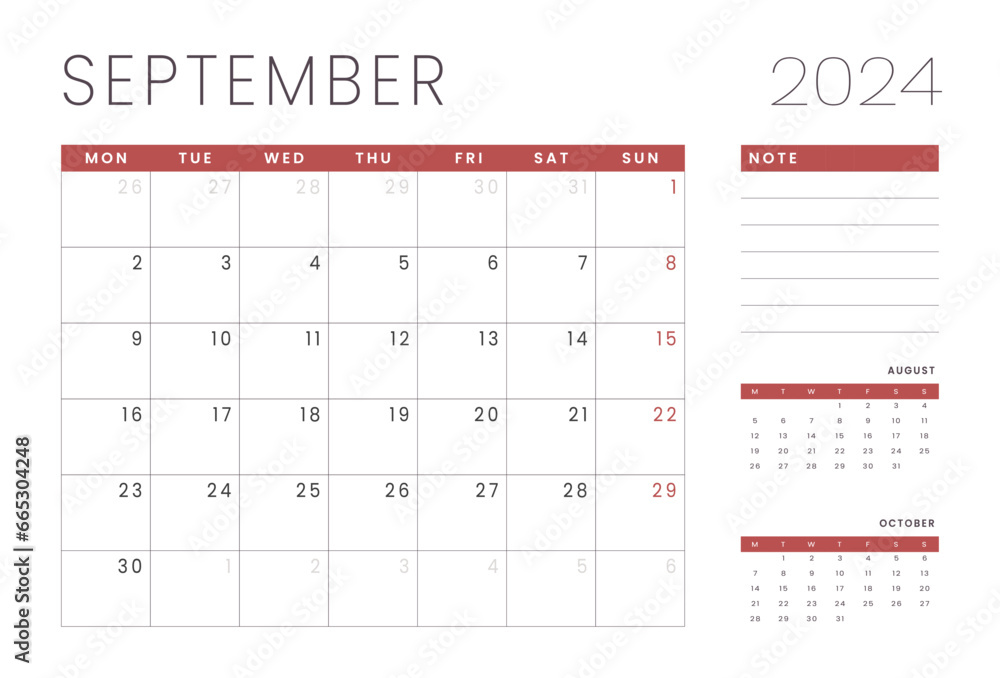 Monthly page Calendar Planner Templates of September 2024 with note ...