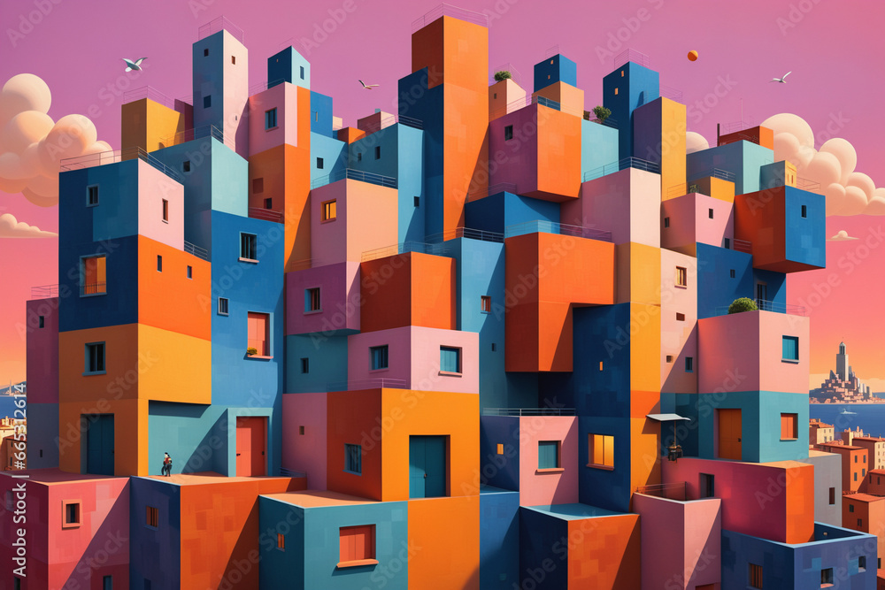 a painting of a city made of colorful blocks, a cubist painting by ...