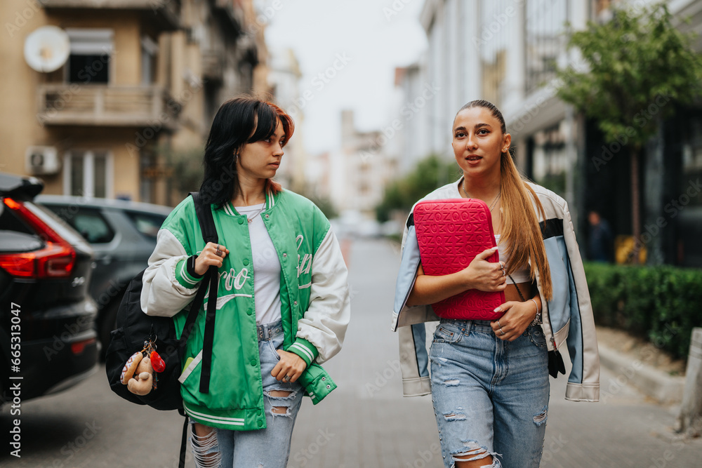 Two casually dressed high school girls studying outdoors in the city. They help each other with ...