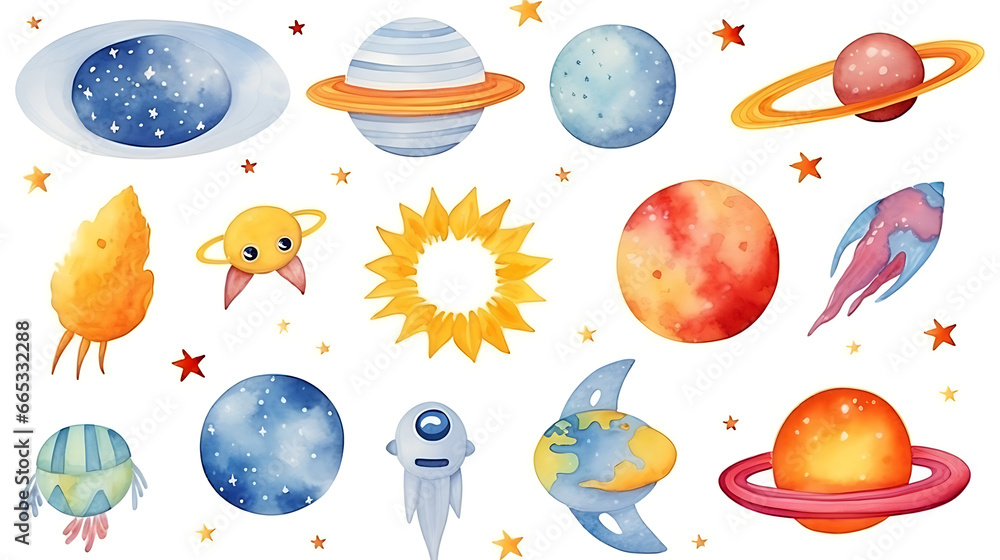 Watercolor Set of astronaut space planet and rocket elements collection ...