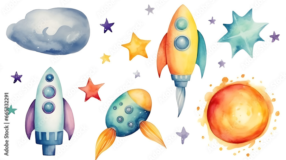 Watercolor Set of astronaut space planet and rocket elements collection ...