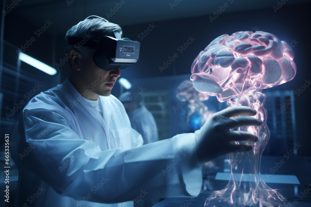 A surgeon Wearing Augmented Reality Glasses looks at a huge augmented ...
