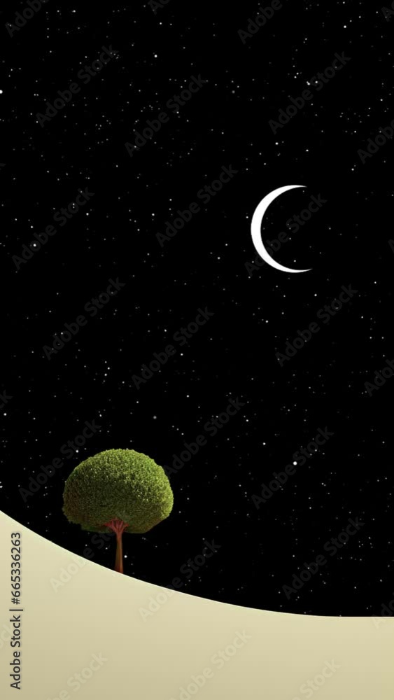 A single tree on a hill with an animated background of stars and a ...