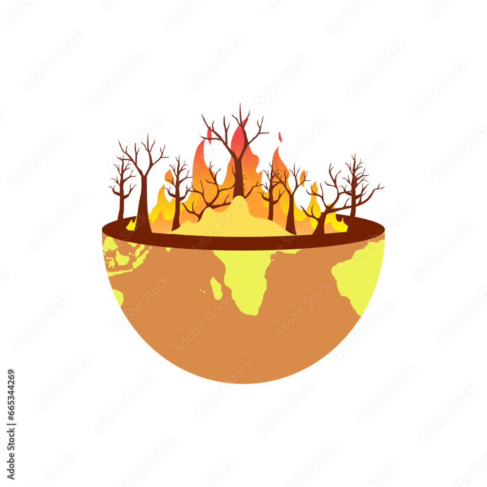 Forest fires. Climate change due to global warming. Vector with ...