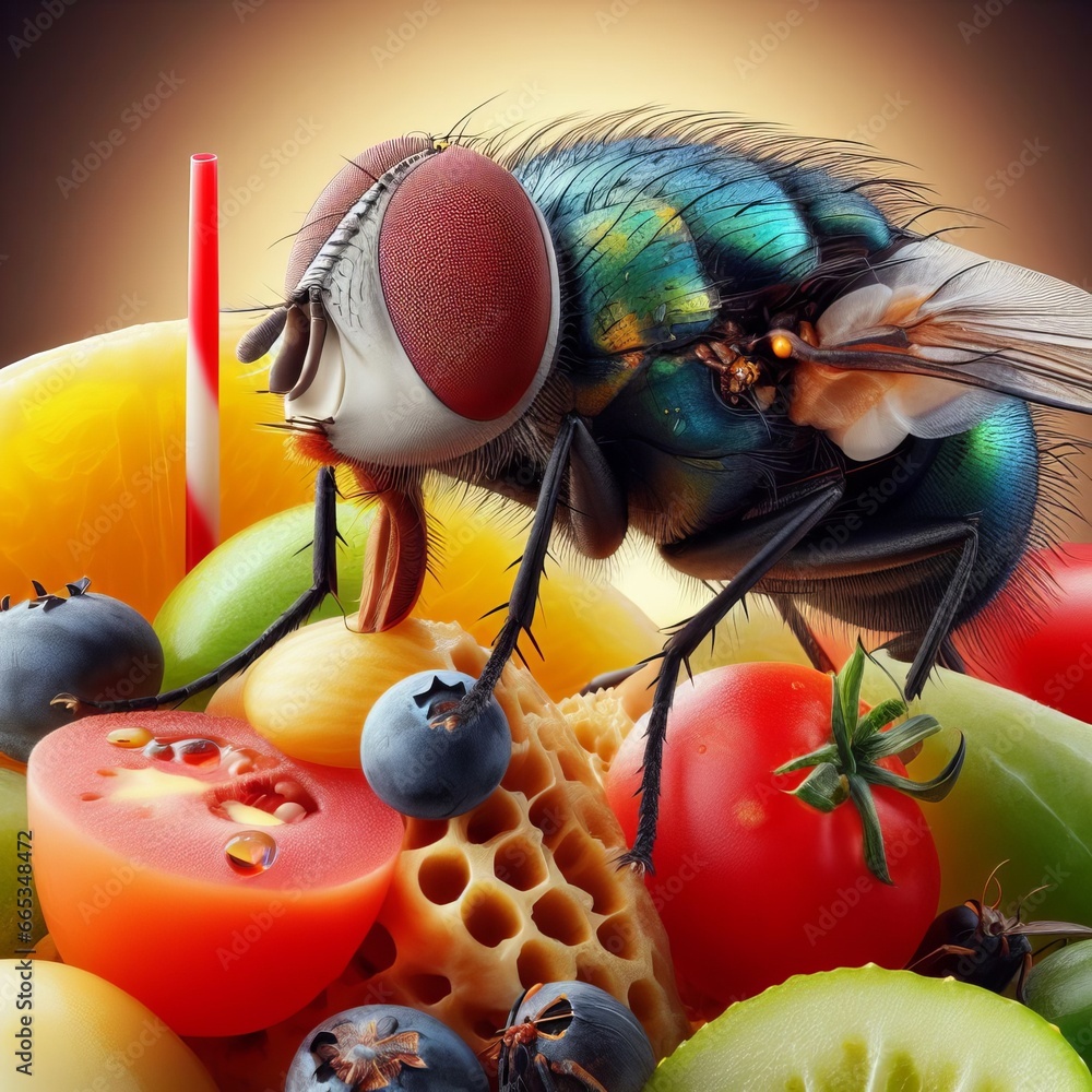extreme close up of a fruit flies on the rotten fruit Stock Photo ...