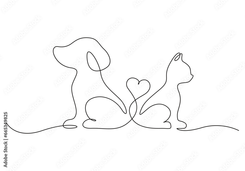 Continuous one line drawing of cat and dog love each other. Isolated on ...