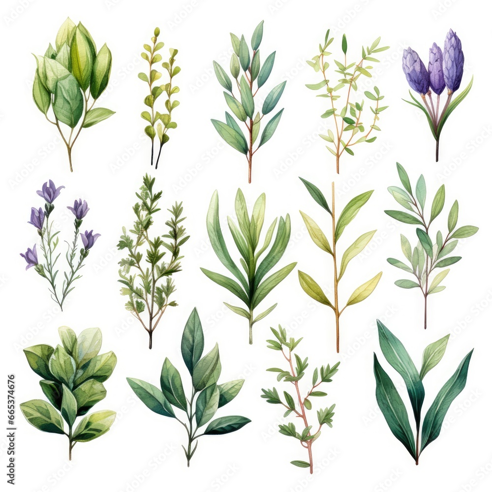 Collection of watercolor herbs clipart on white background. Stock ...