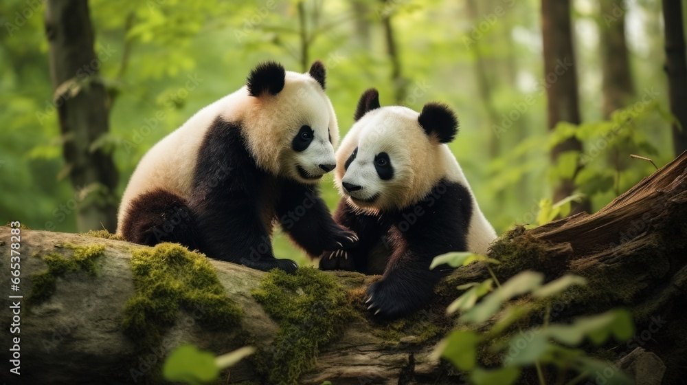 Two funny young pandas playing together. Cute happy panda bears. Stock ...